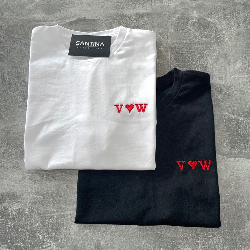 Personalized Matching Couple T-Shirts with Embroidered Initials and Lo ...