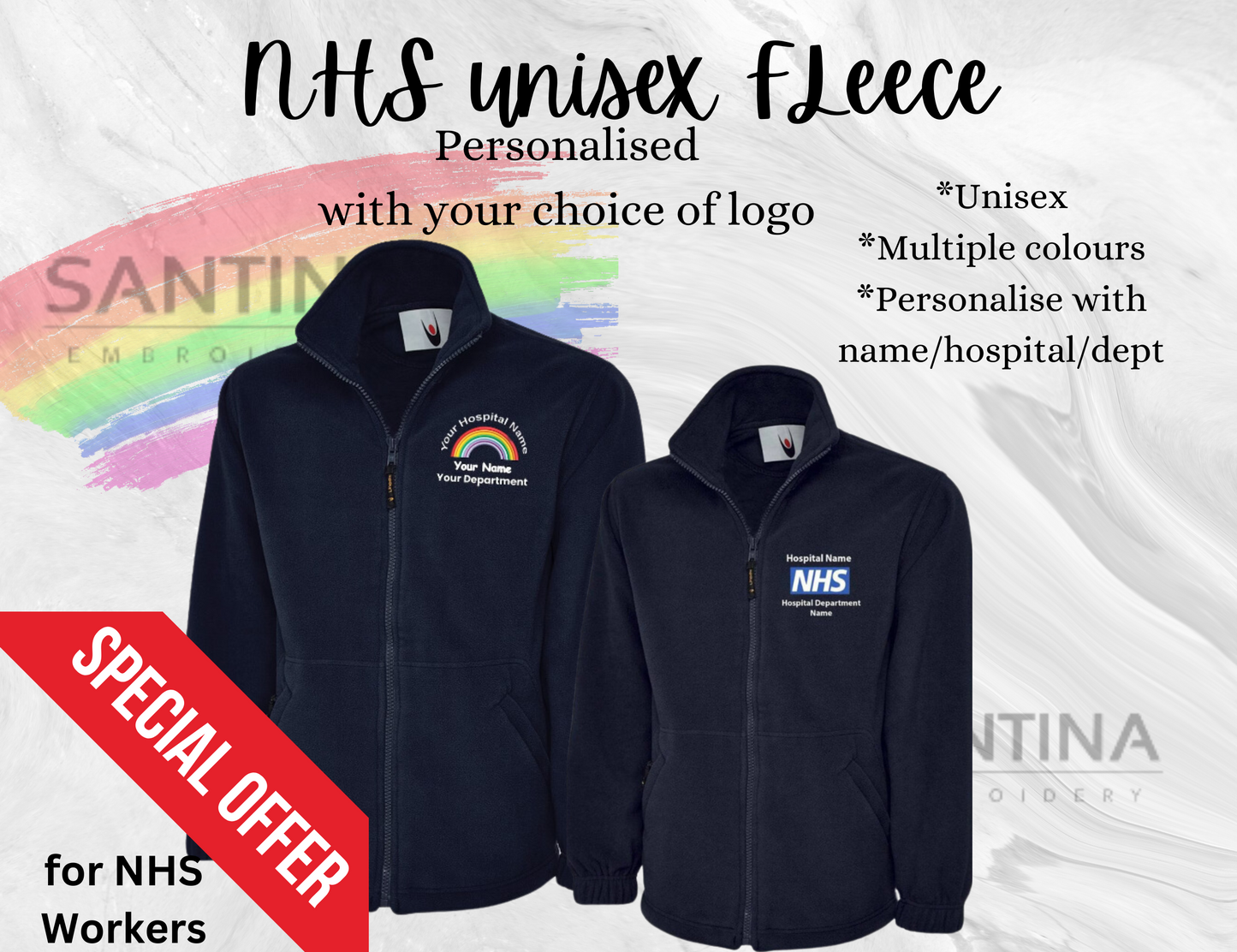 NHS custom UNISEX full zip FLEECE jacket, customised with your name ho ...