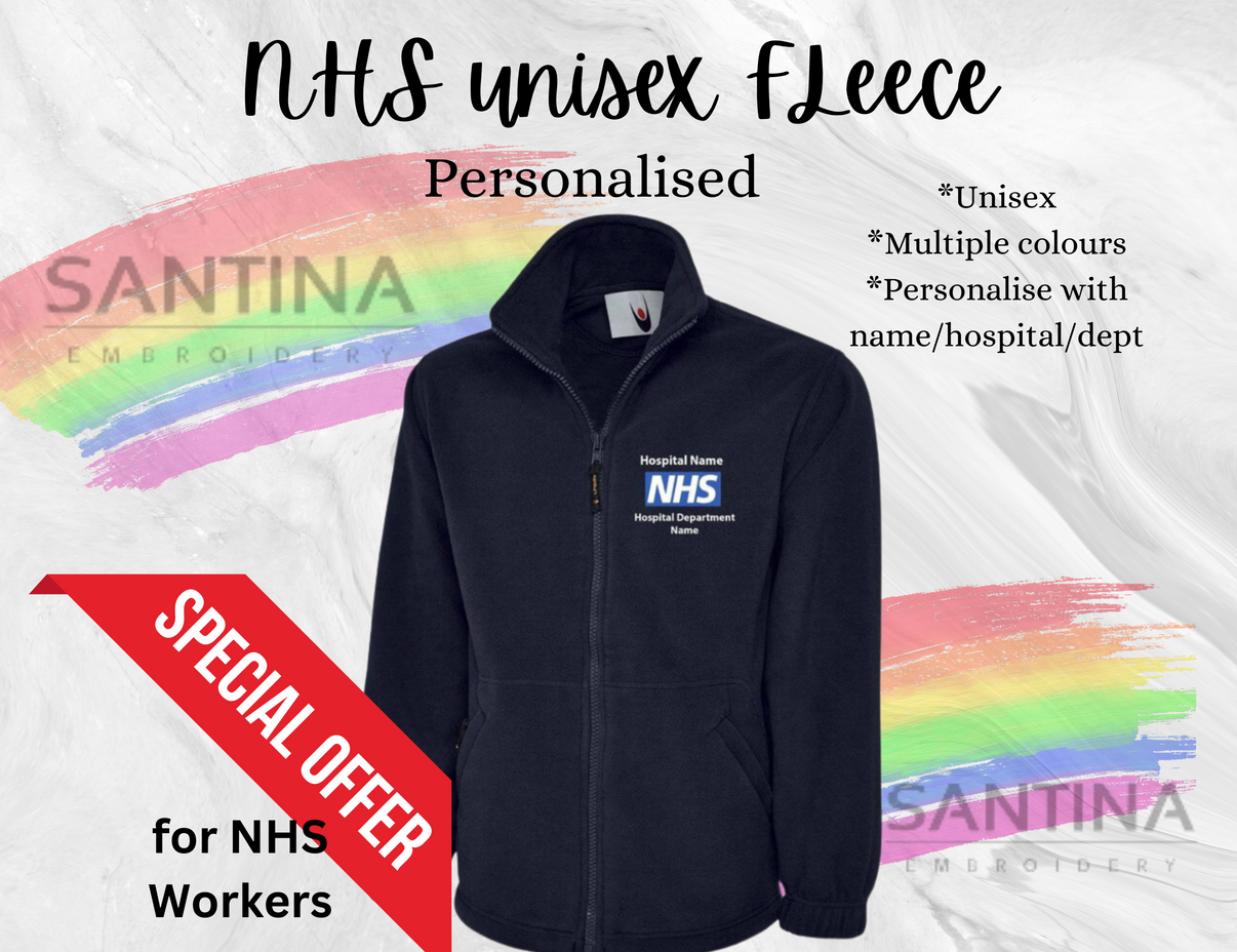 NHS custom UNISEX full zip FLEECE jacket, customised with your name ho ...