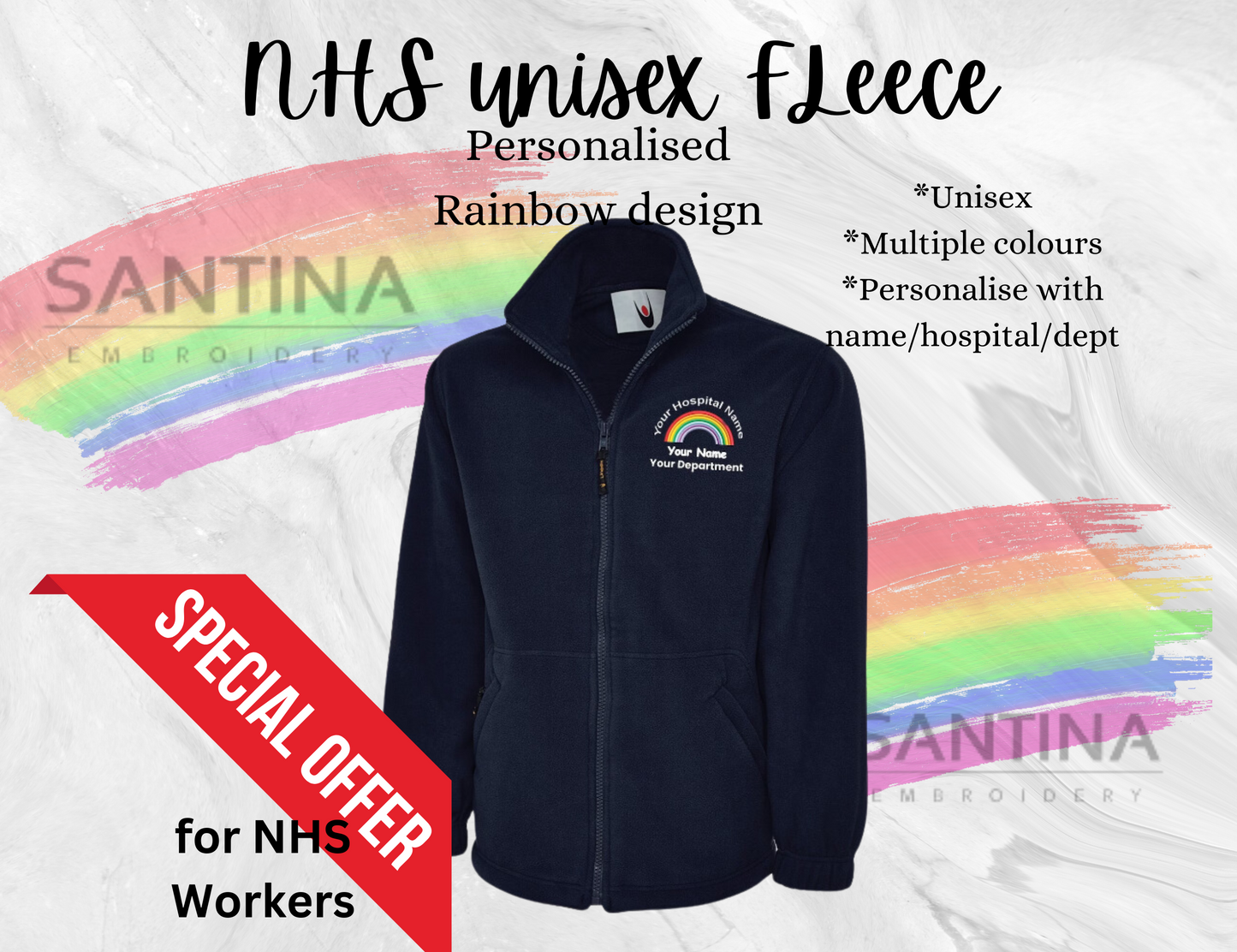 NHS custom UNISEX full zip FLEECE jacket, customised with your name ho ...